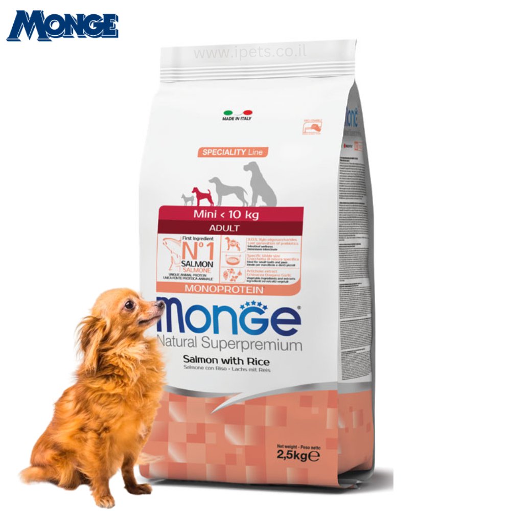 מונג' סלמון לכלבים בוגרים מגזע קטן וננסי, מזון יבש אריזת 7.5 ק"ג - iPets