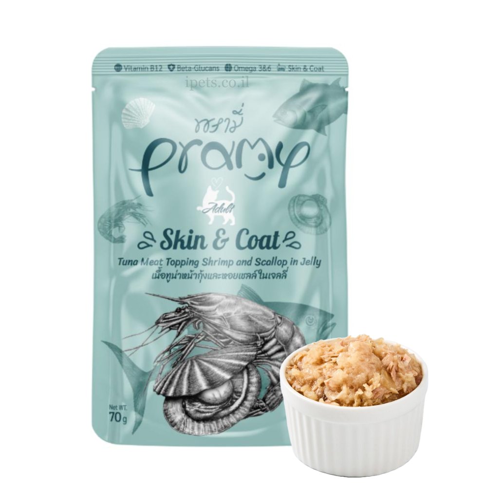 מעדן פראמי לחתולים 70 גרם טונה ושרימפס על מרקם ג'ל - iPets